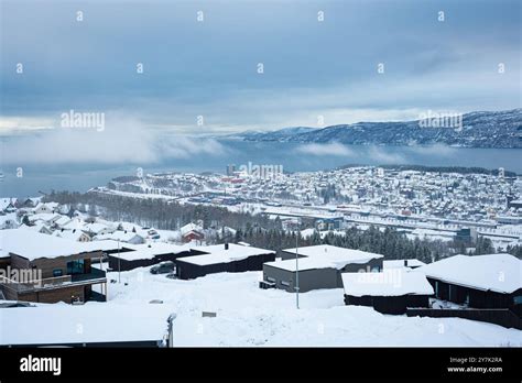 Scenic Winter View Of The City Of Narvik Norway With Surrounding