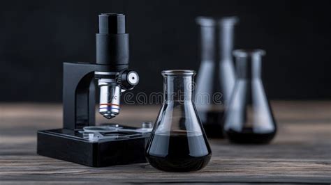 Science Lab Setup Lab Equipment Like Microscope And Flasks On A Wooden