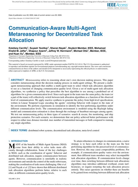 Pdf Communication Aware Multi Agent Metareasoning For Decentralized