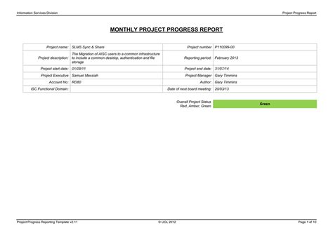 Monthly Project Progress Report Template 3 Templates Example
