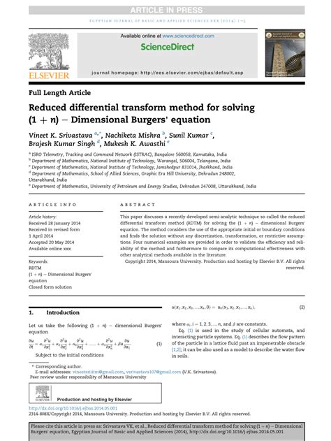 Pdf Reduced Differential Transform Method For Solving 1 N Dimensional Burgers Equation