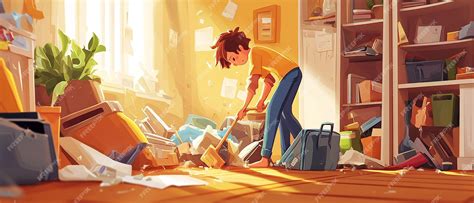 Cartoon Of Cleaning And Decluttering Premium Ai Generated Image