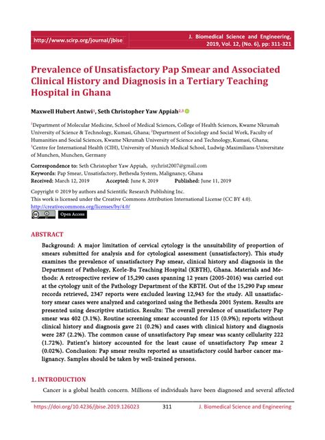 Pdf Prevalence Of Unsatisfactory Pap Smear And Associated Clinical History And Diagnosis In A