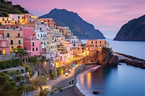 Picturesque Coastal Town At Dusk Premium Ai Generated Image