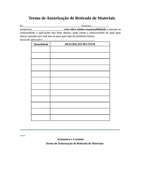 Termo De Autorização De Retirada De Materiais Pdf