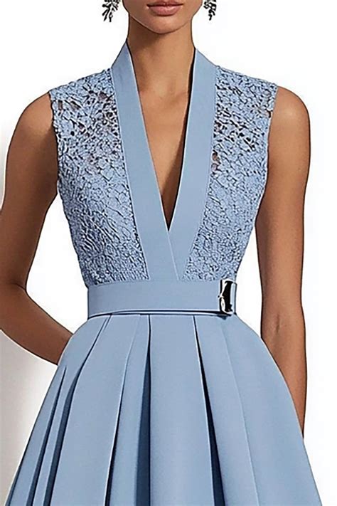 Grey Blue Satin V Neck A Line Midi Work Dress With Appliques Dresses