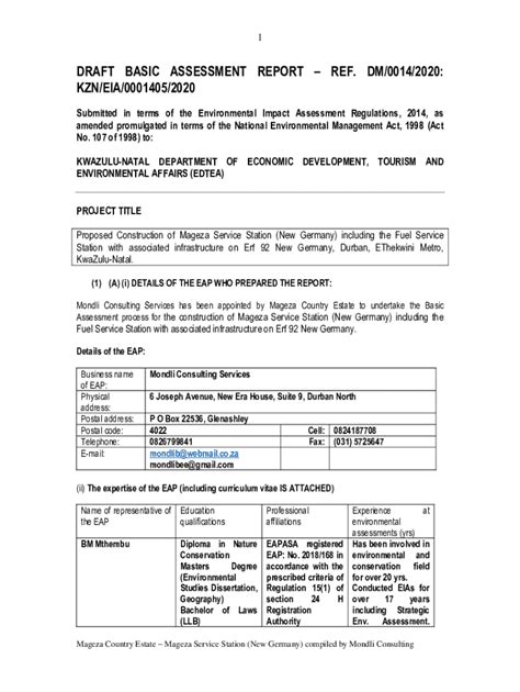 Fillable Online 2020 Basic Assessment Report For Mageza Service Station New Germany Fax Email