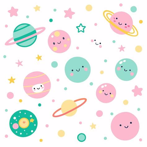Cute Planets And Stars With Smiling Faces In A White Background