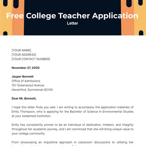 College Teacher Application Letter Template Edit Online And Download