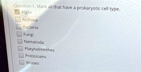 Solved Question 1 Mark All That Have A Prokaryotic Cell Type Algae Archaea Bacteria Fungi