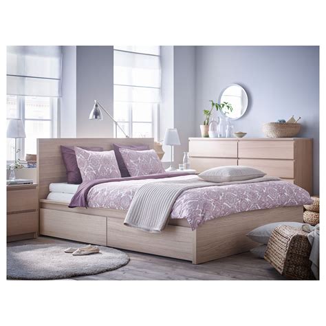 Malm White Stained Oak Veneer Double Bed Frame With 4 Drawers Ikea
