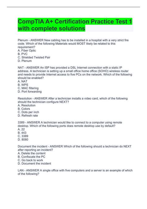 Comptia A Certification Practice Test 1 With Complete Solutions