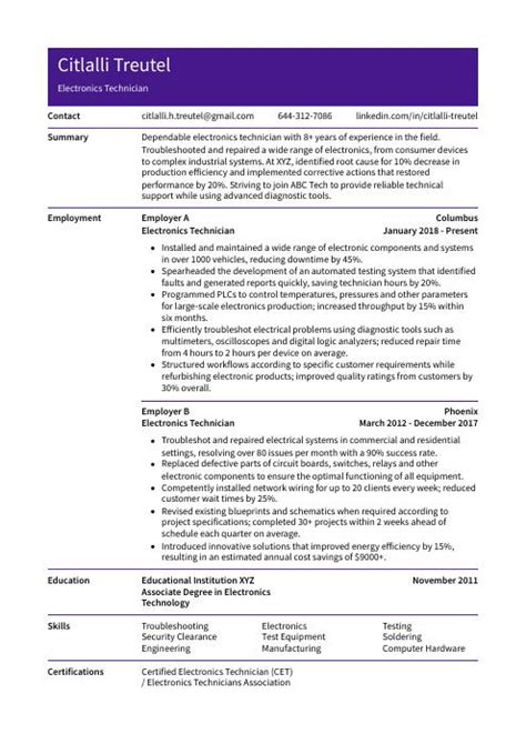 Electronics Technician Resume Cv Example And Writing Guide