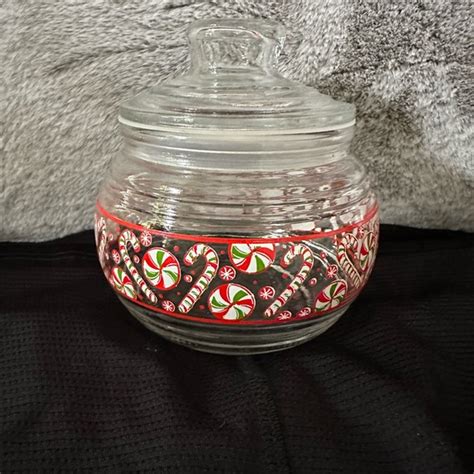 Holiday Vtg Christmas Glass Covered Candy Jar Peppermints Candy Canes