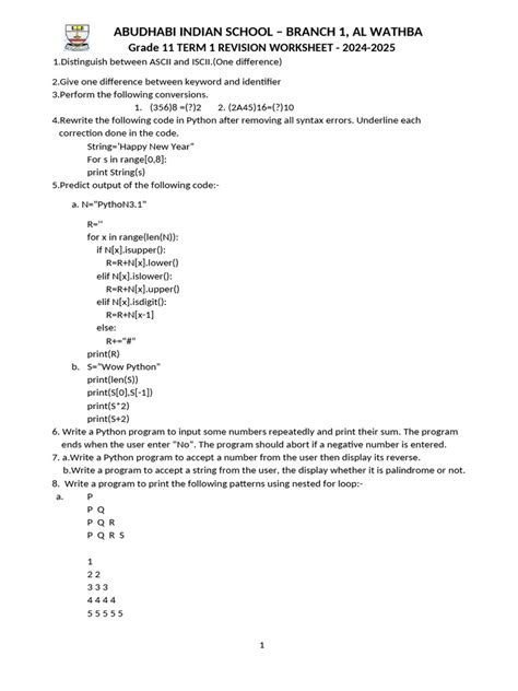 Grade 11 Term 1 Revision Worksheet Pdf Python Programming Language
