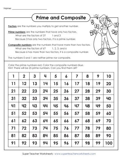 Prime Vs Composite Coloring Chart Printable Factors Table Pdf Worksheet