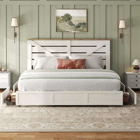 Gracie Oaks King Size Bed Frame With 4 Storage Drawers Farmhouse