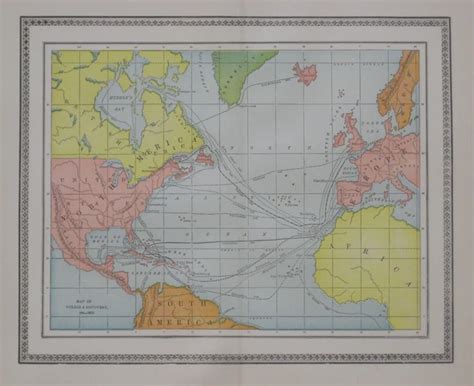 Original 1892 Map Explorers Routes Columbus Magellan Cartier Verrazzano