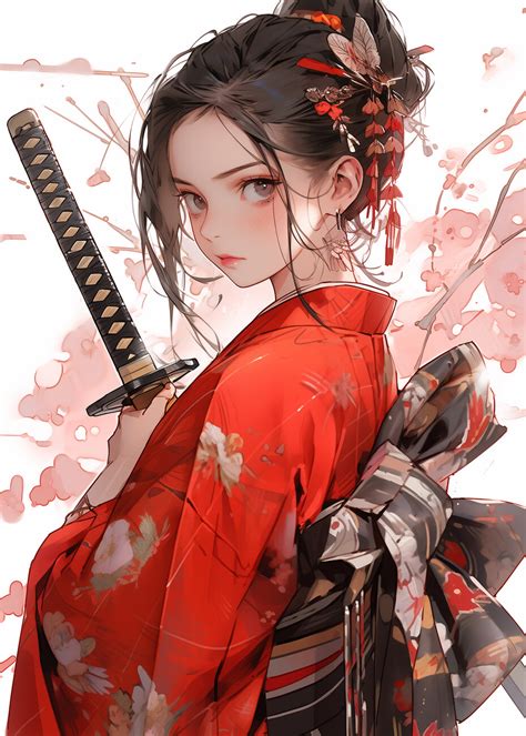 Illustration Artistiques Anime Manga Samurai Girl With Katana Swords