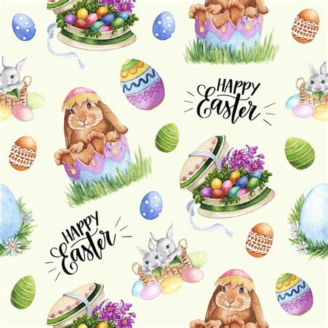 Premium Vector Watercolor Easter Seamless Pattern Bunny Eggs And Sweets