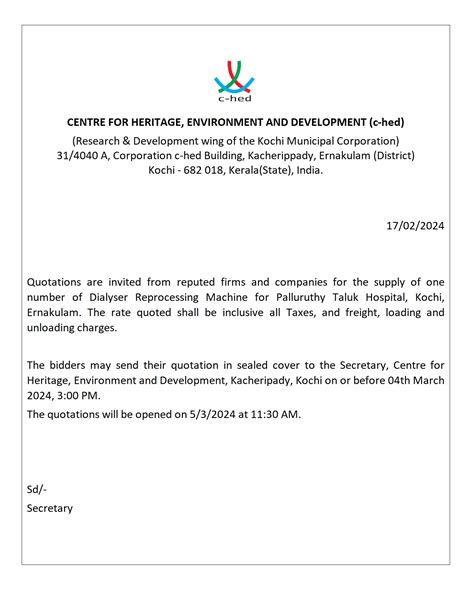 Request For Quotation Dialyser Reprocessing Machine C Hed