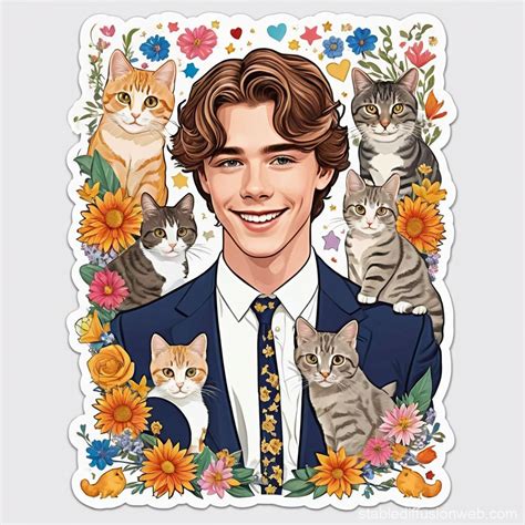 Smiling Owen Teague With Cats And Flowers Stable Diffusion Online