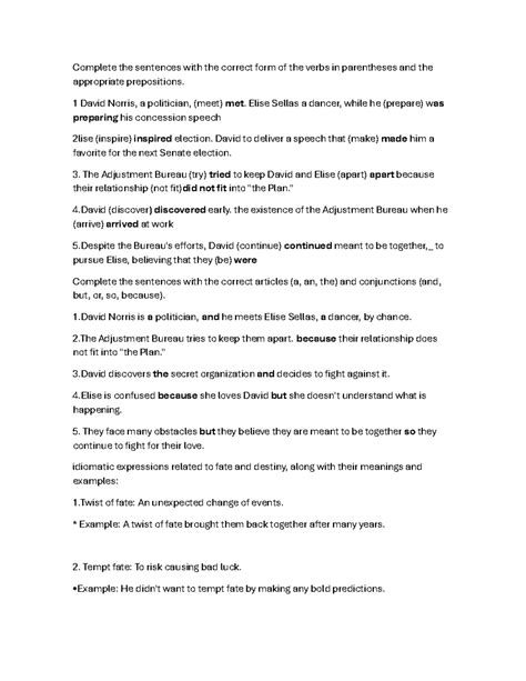 Paragraphs Adjustment Bureau Complete The Sentences With The Correct