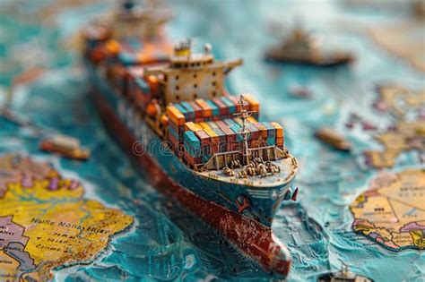 Container Ship Model On World Map Transportation Shipping And Cargo
