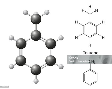 Structural Chemical Formulas And Model Of Toluene Molecule Stock