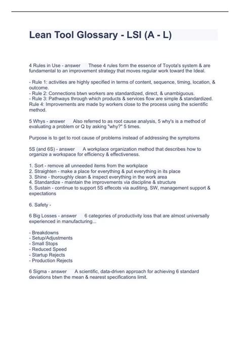 Lean Tool Glossary Lsi A L Questions With Solutions Lsi Stuvia Us