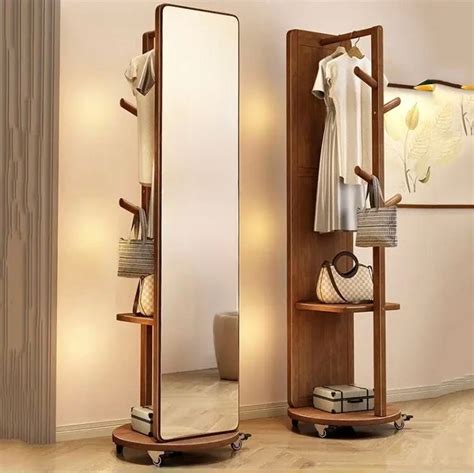 This Teakwood Rotating Full Length Floor Mirror With Storage And Woode