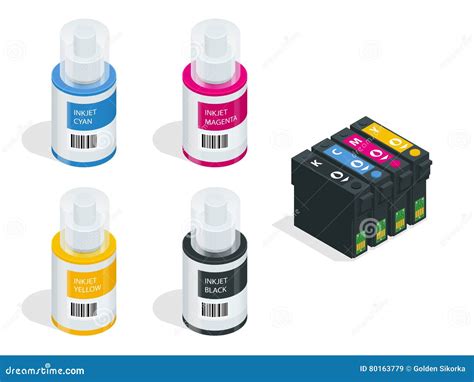 Isometric Cmyk Set Of Cartridges For Ink Jet Printer And Color Chart Empty Refillable