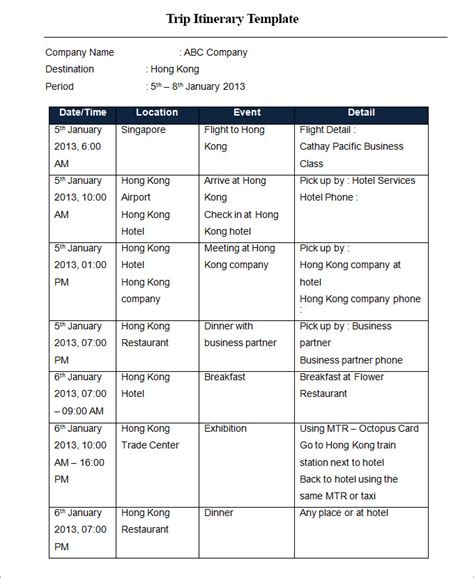 Trip Itinerary Template 33 Free Word Excel Documents Download