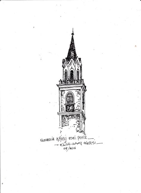 Slovenia Kranj Eski şehir Kilise Saat Ve çan Kulesi 2016 Eskiz Slovenia Çizim