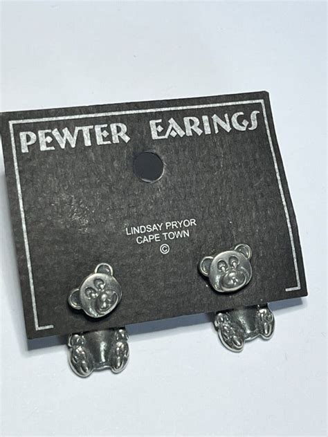 Vintage Pewter Teddy Bear Back Front Pierced Earrings Gem