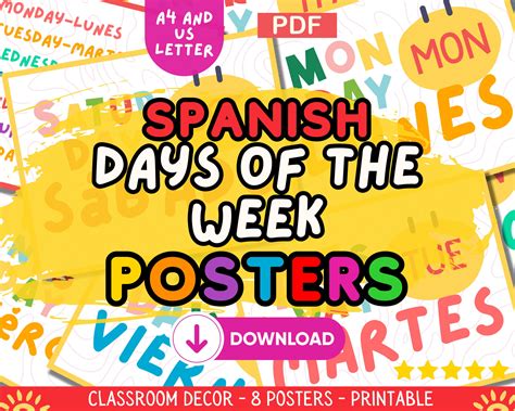 Spanish Days Of The Week Classroom Poster Set Educational Wall Art