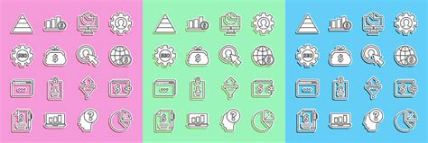 세트 라인 파이 차트 인포 그래픽 달러와 지갑 지구 지구 컴퓨터 모니터 서 태그 기어 휠 피라미드 인포 그래픽과 남자 비즈니스 정장 아이콘의 사용자 벡터 0명에 대한 스톡