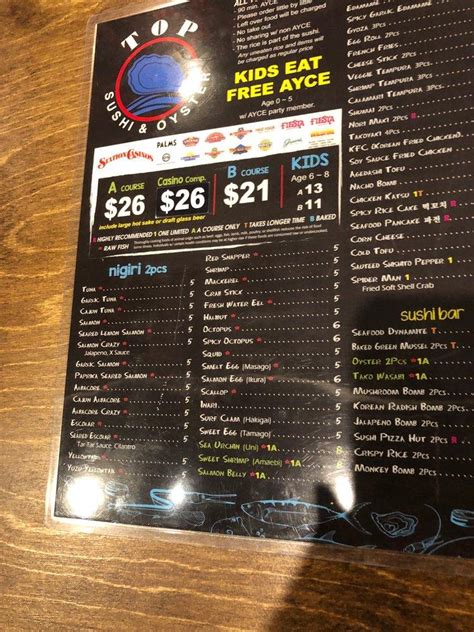 Menu At Top Sushi And Oyster Restaurant Henderson