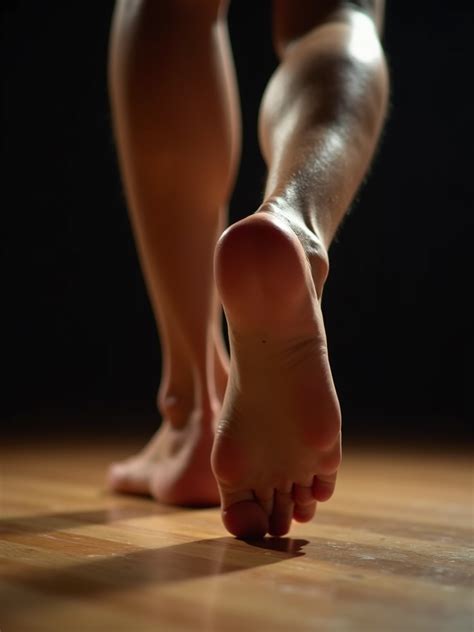 Bottom Of Models Bare Feet Captured Mid Dance On A Wooden Stage With