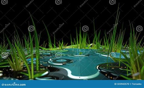 Night Luminescent Thin Plants Thin Grass Vegetation Abstract Scene With Grass Stock
