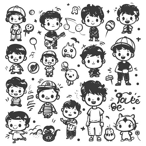 Hand Drawn Cute Boy Kawaii Doodle Collection Set With Engraving Style