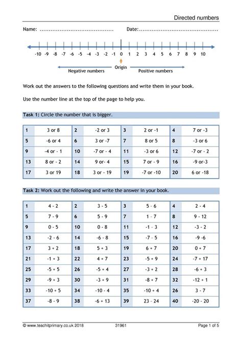 Directed Numbers Worksheet Comparisons And Rules Explained