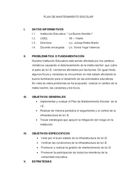 Plan De Mantenimiento Escolar Pdf