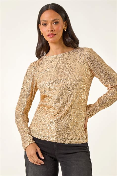 Gold Dusk Sequin Long Sleeve Stretch Top Roman Uk