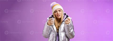Upset Dizzy Cute Blond Girl Got Sick Feel Unwell Grimacing Hold Hot Tea Take Away Cup Tissue