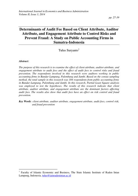 Pdf Determinants Of Audit Fee Based On Client Attribute Auditor Attribute And Engagement
