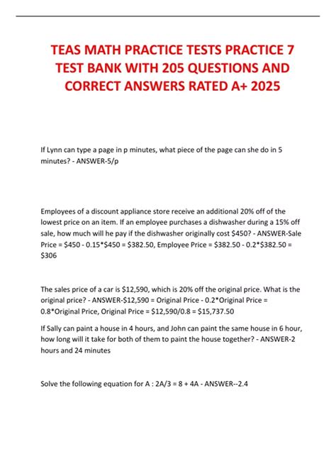 Teas Math Practice Tests Practice 7 Test Bank With 205 Questions And Correct Answers Rated A