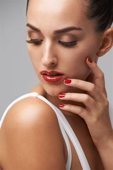 Loving The Siren Look Trendy Young Model Displaying Bright Red Cosmetics Trends Stock Image