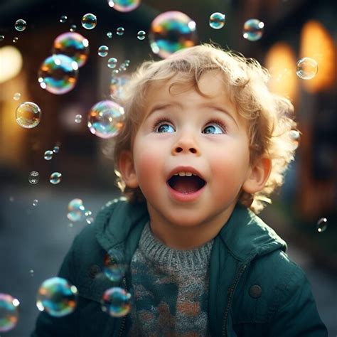 Premium Ai Image Little Boy Enjoying Colourful Bubbles