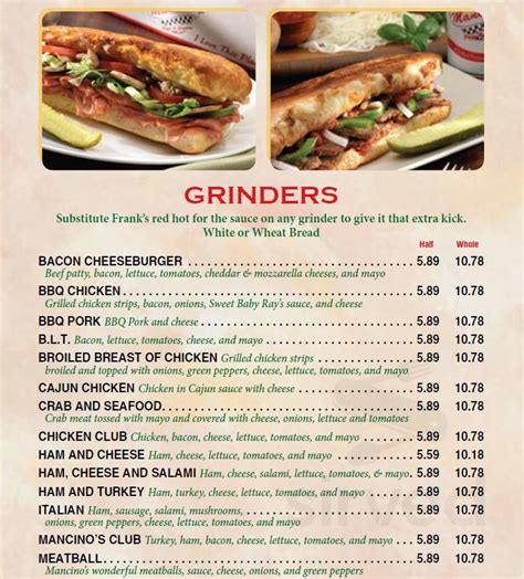 Menu For Mancinos Pizzas And Grinders Alma In Alma Mi Sirved